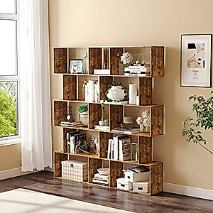 Yusong Bookshelf 5-Tier, Geometric Bookcase S Shaped Book Shelves for Bedroom, Modern Industrial Wood Decorative Display Shelf Book Case for Home Office, Rustic Brown