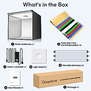 Daguerre 32"x32" Light Box for Product Photography, Professional Large Photo Studio with 3 Stepless Dimming Lights Panels, 210 LED Beads, and 6 Color Backdrops, Perfect Photo Booth Shooting Tent Kit