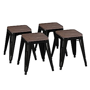 Flash Furniture Metal Dining Table Height Stool with Wooden Seat Set of 4 - Backless Black Commercial Grade Stool - 18" Stackable Dining Chairs