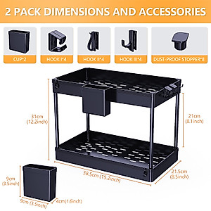 Johamoo 2 Pack Under Sink Organizer, 2-Tier Bathroom Kitchen Organizer and Storage with Support Tubes, Hooks, Hanging Cup, Under Cabinet Basket Organizers for Cleaning Supplies and Toiletries
