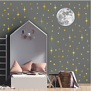 Moon and Stars Wall Decal Moon Wall Sticker Gold Star Decals Peel and Stick Wall Stickers Mural for Kids Baby Room Nursery Wall Decor Vinyl Star for Ceiling Wall Decals for Bedroom Playroom Decoration