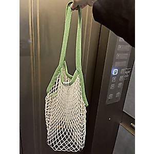 Green Handle US - Mesh Net Bag with Long Shoulder Handle Bag Stretchable Reusable for Grocery Shopping Beach Toys Storage (Green Handle)
