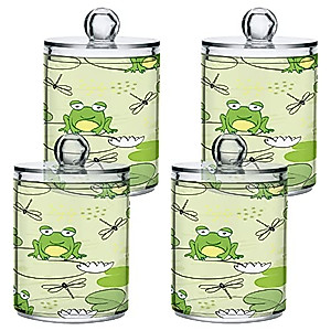 xigua 2 Pack Qtip Holder Dispenser with Lids Frog Lotus Dragonfly Clear Plastic Jar Set for Bathroom Canister Storage Organization,Vanity Makeup Organizer#287