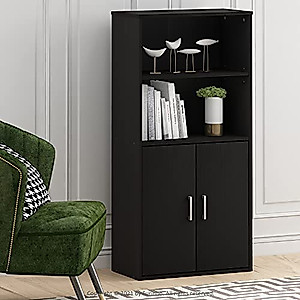 Furinno Pasir Storage Cabinet with 2 Open Shelves and 2 Doors, Black Oak