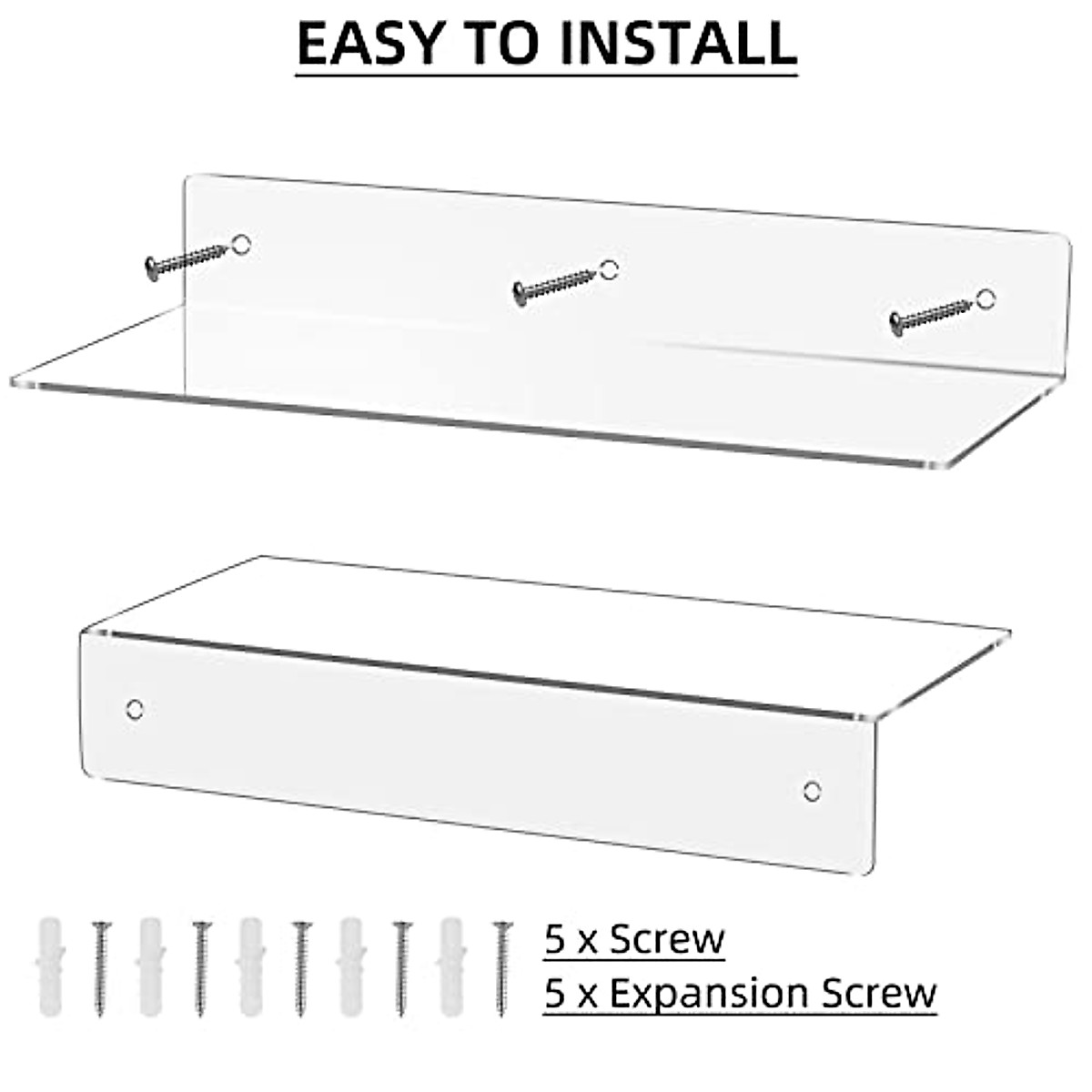 display4top Clear Acrylic Shelf, Floating Wall Mounted Bookshelf for Collections Plant Kids Book in Office Bedroom Living Room, Set of 2(12"& 16")