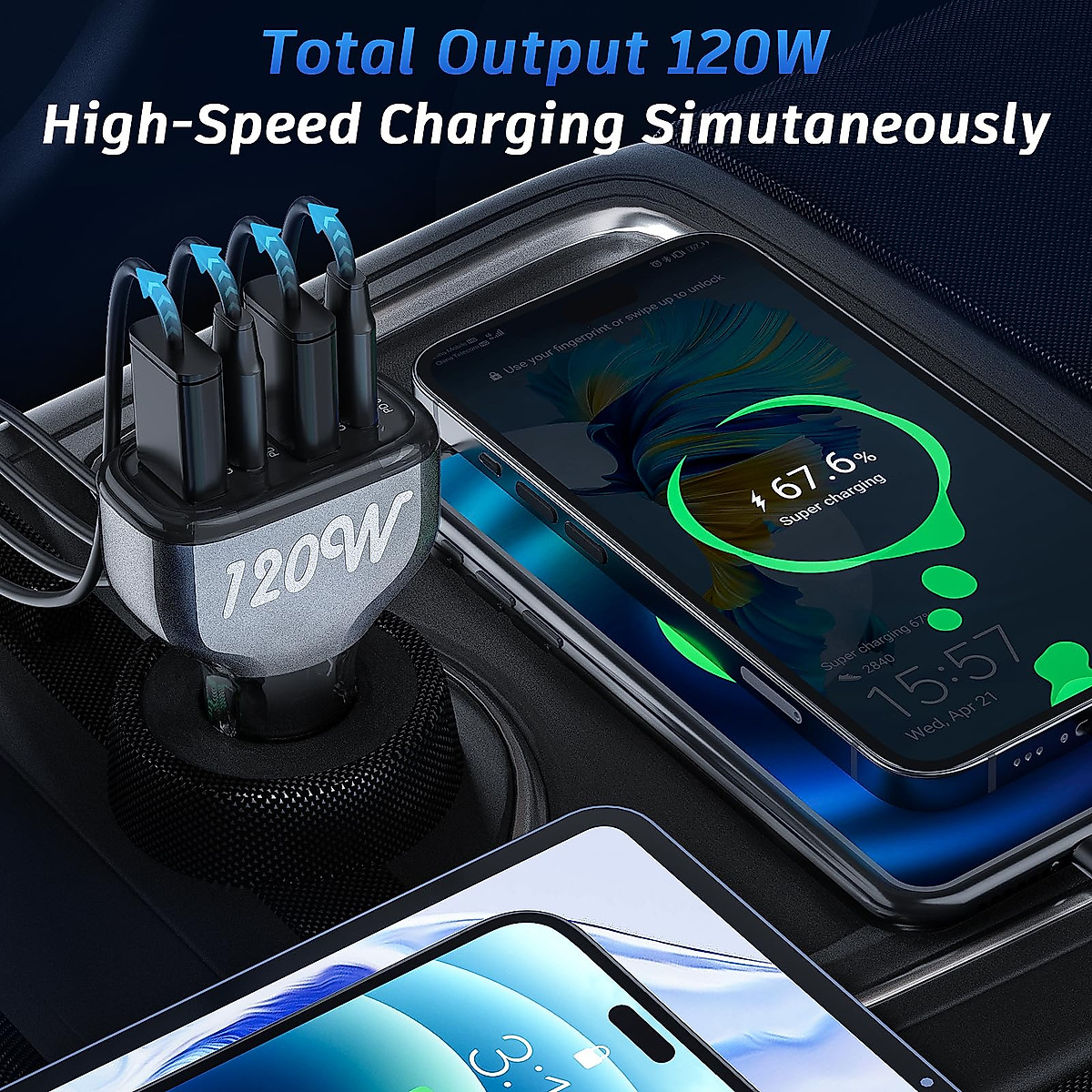 120W USB C Car Charger, SONRU 4 Ports Cigarette Lighter USB Car Charger Adapter, [2 PD 60W+2 QC3.0 30W] Fast Charging for iPhone 14 Pro Max Galaxy S23/22 Google Pixel LG iPad Air