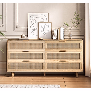 6 Drawer Double Dresser for Bedroom,Natural Rattan Modern Drawer Chest,Wooden Storage Wardrobe Dresser with Gold Handles,Floor Standing Storage Cabinet, for Entrance,Living Room,Hallway-Natural