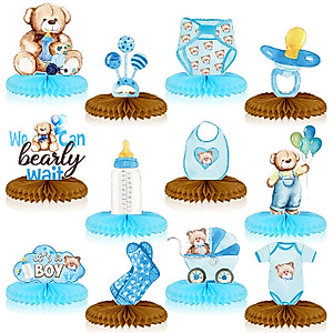 Teling 12 Pcs Bear Baby Shower Decorations Bear Centerpieces for Tables Blue Bear Honeycomb Centerpiece Gender Reveal Boy Baby Shower Table Decorations for Baby Boys Party Birthday