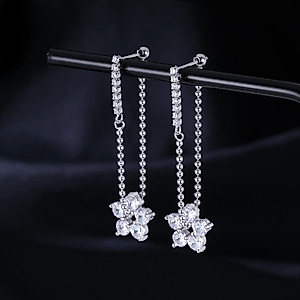 SLUYNZ 925 Sterling Silver CZ Flower Dangle Earrings Chain for Women Crystal Flower Drop Earrings Tassel Chain (A-Silver)