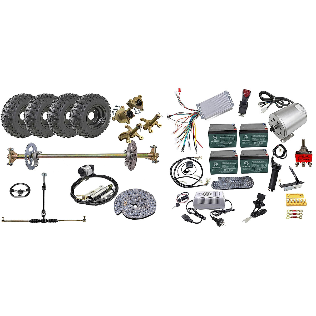 YC Yier 29" Go Kart Rear Axle Kit +Front End Steering Shaft Assembly+ Brake + 4.10-6" Wheels Tires +48V 1800W Brushless Electric Motor Kit + Battery for Go Kart ATV Quad Buggy Drift Trike 4 Wheeler