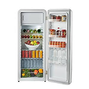 iio 24" 10 Cu Ft Top Freezer Retro Refrigerator, Small, with Mini Ice Cube Tray, 4 Glass Shelves, LED, 1 Crisper, Fridge for Bedroom, Dorm RV Office Beverage, Quiet Compressor, Freestanding (White)