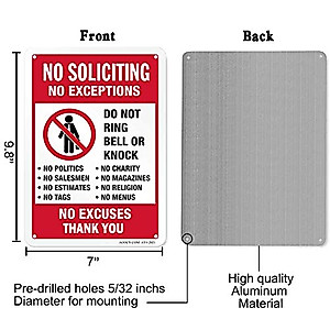 No Soliciting Sign, Funny Decor for House Door Office Business Yard,Metal Aluminum Rust Free, No Excuses, No Exceptions Do Not Ring Bell No Knock Sign - 7" x 9.8", Pre-Drilled Holes, Weather Resistant