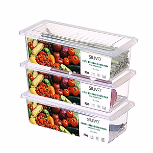 SILIVO Food Storage Containers for Fridge (3 Pack) - 1.5L Produce Saver Containers for Refrigerator with Removable Drain Tray Keep Fresh for Produce, Fruits and Vegetables