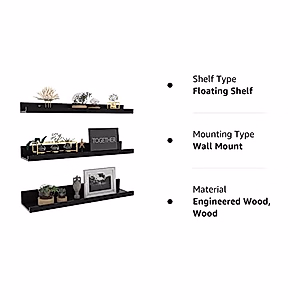 Giftgarden 24 Inch Black Floating Shelves Wall Mounted Woodgrain Picture Ledge Shelf for Storage Bedroom Bathroom Kitchen Living Room Office, Set of 3 Different Sizes