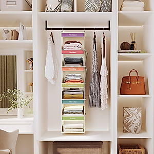YOUDENOVA 6-Shelf Weekly Hanging Closet Organizer, Closet Organizers with 2 Side Pockets, Closet Hanging Organizers for Kids, Khaki