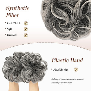 FESHFEN Messy Bun Hair Piece - Large Wavy Curly Elastic Hair Bun Scrunchies Ponytail Extensions Synthetic Chignon Hairpieces for Women, Gray and White Tips 1.94oz