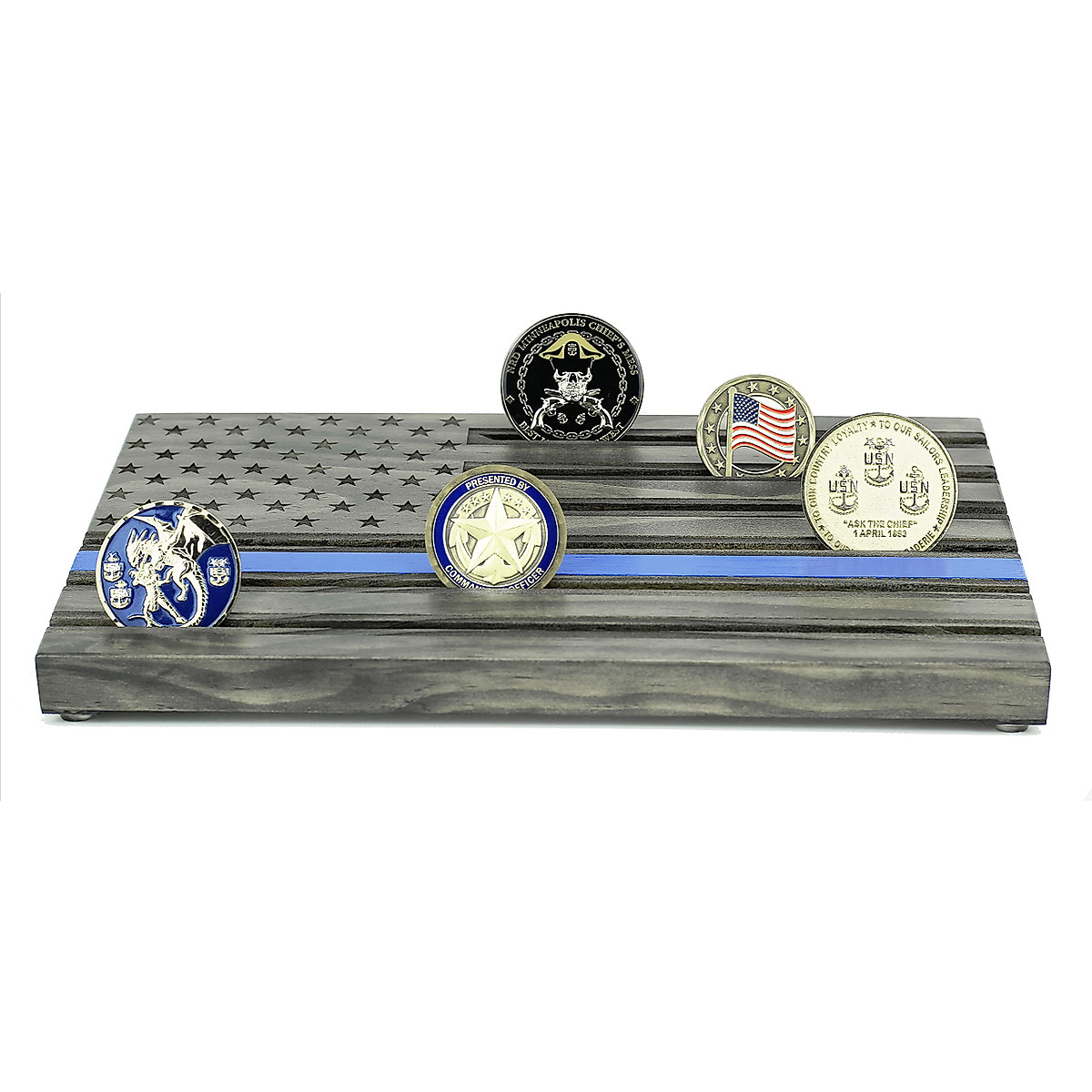 LOKI ENGRAVING Thin Blue Line Black American Flag Challenge Coin Display