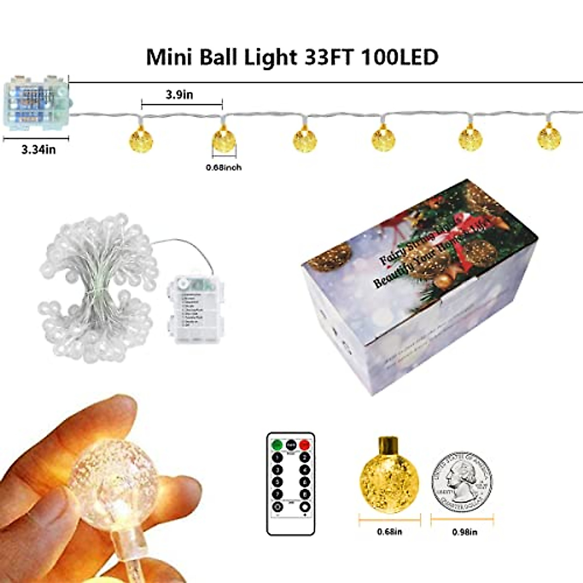 Outdoor String Lights Battery Operated 33FT 100LED Battery Powered String Lights Indoor Waterproof Mini Globe Lights with Remote Timer 8 Lighting Modes for Bedroom Christmas Party Tent Outside Decor