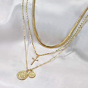 NUZON Gold Layered Necklace for Women 18K Gold Plated Chain Choker Cross Coin Pendant Necklace Simple Cute Jewelry