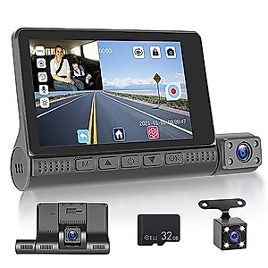 Hikity Car Dash Cam Front and Inside Camera - Loop Recording with 32G SD Card, 4 Inch IPS Screen, G-Sensor, Night Vision, Parking Monitor, Rear View Camera