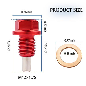CXCCOI M12x1.75 Magnetic Oil Drain Plug,Aluminium Oil Pan Drain Plug Compatible with Ford Lincoln Chevrolet Cadillac Buick,OEM#DP002 090-936CD Engine Drain Plug with Copper Washers (Red)