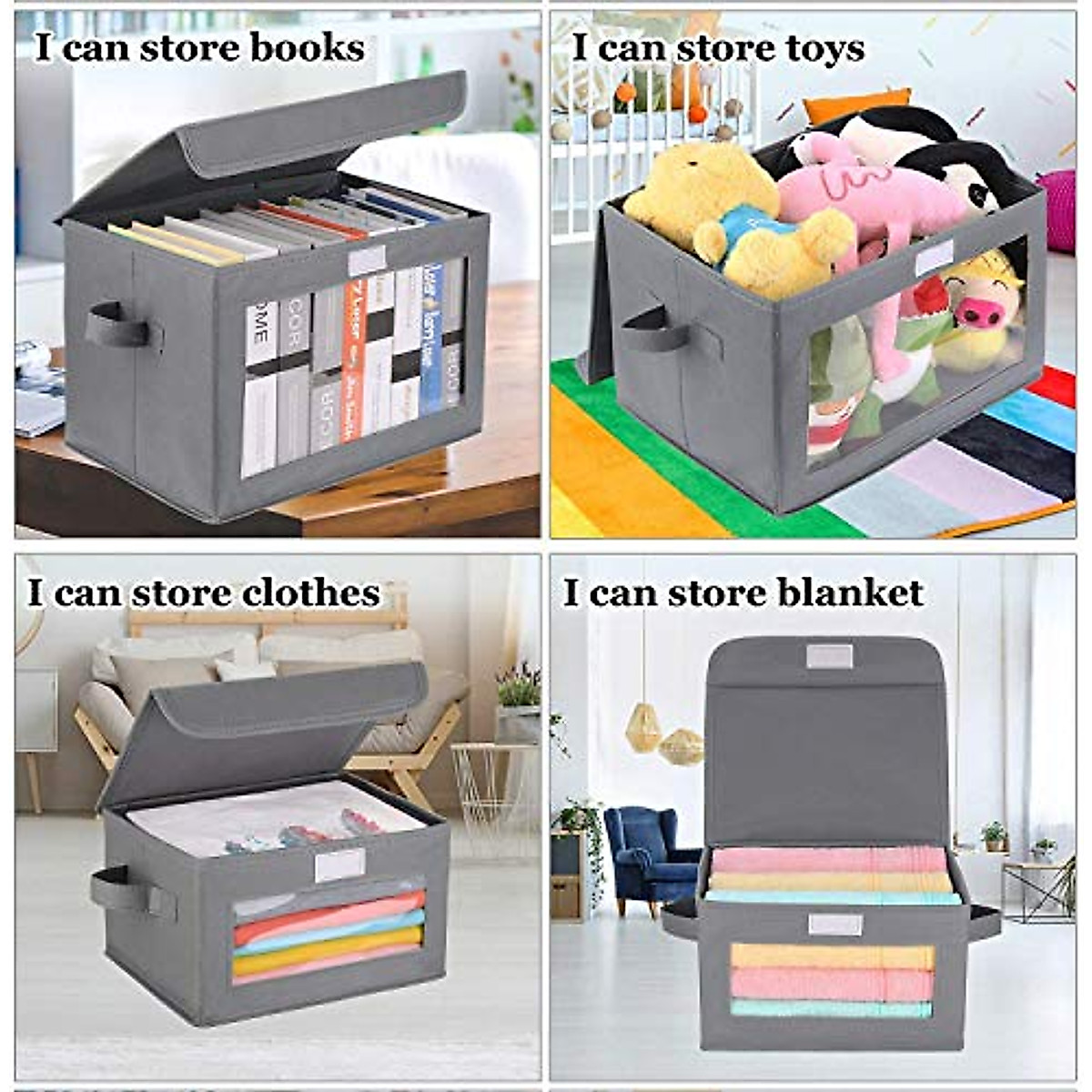 DIMJ 4-Pack Storage Bins with Flip-top Lids, Collapsible Fabric Storage Baskets Organizer Box with Large Clear Window for Clothes, Toys, Books, Closet, Shelves, Kids Room, Office, Dark Grey