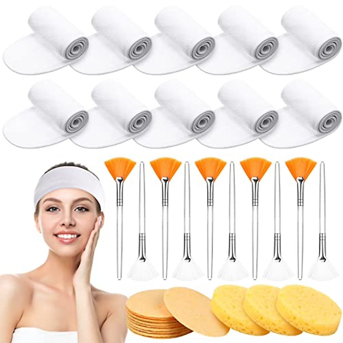 Spa Facial Set: 10 Headbands, 50 Compressed Sponges, 10 Fan Brushes - White Towel Head Wrap for Face Wash, Mask Application, and Makeup Removal