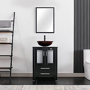 eclife 24" Modern Bathroom Vanity Sink Combo Black Stand Cabinet with Brown Round Tempered Glass Vessel Sink & Water Save Faucet & Pop Up Drain (A09)