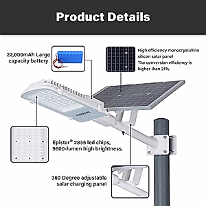 Gebosun Solar Street Lights Outdoor,60W,6000LM,High Brightness Dusk to Dawn LED Lamp,6000K,IP65 Waterproof IP65 Waterproof Solar Led Flood Light for Parking Lot,Yard,Garden,Patio,Stadium