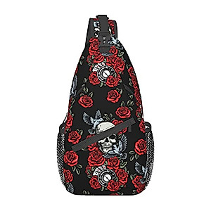 SUPLUCHOM Sling Bag Skull Bird Red Rose Gothic Hiking Daypack Crossbody Shoulder Backpack Travel Chest Pack for Men Women Over 12 Years Old