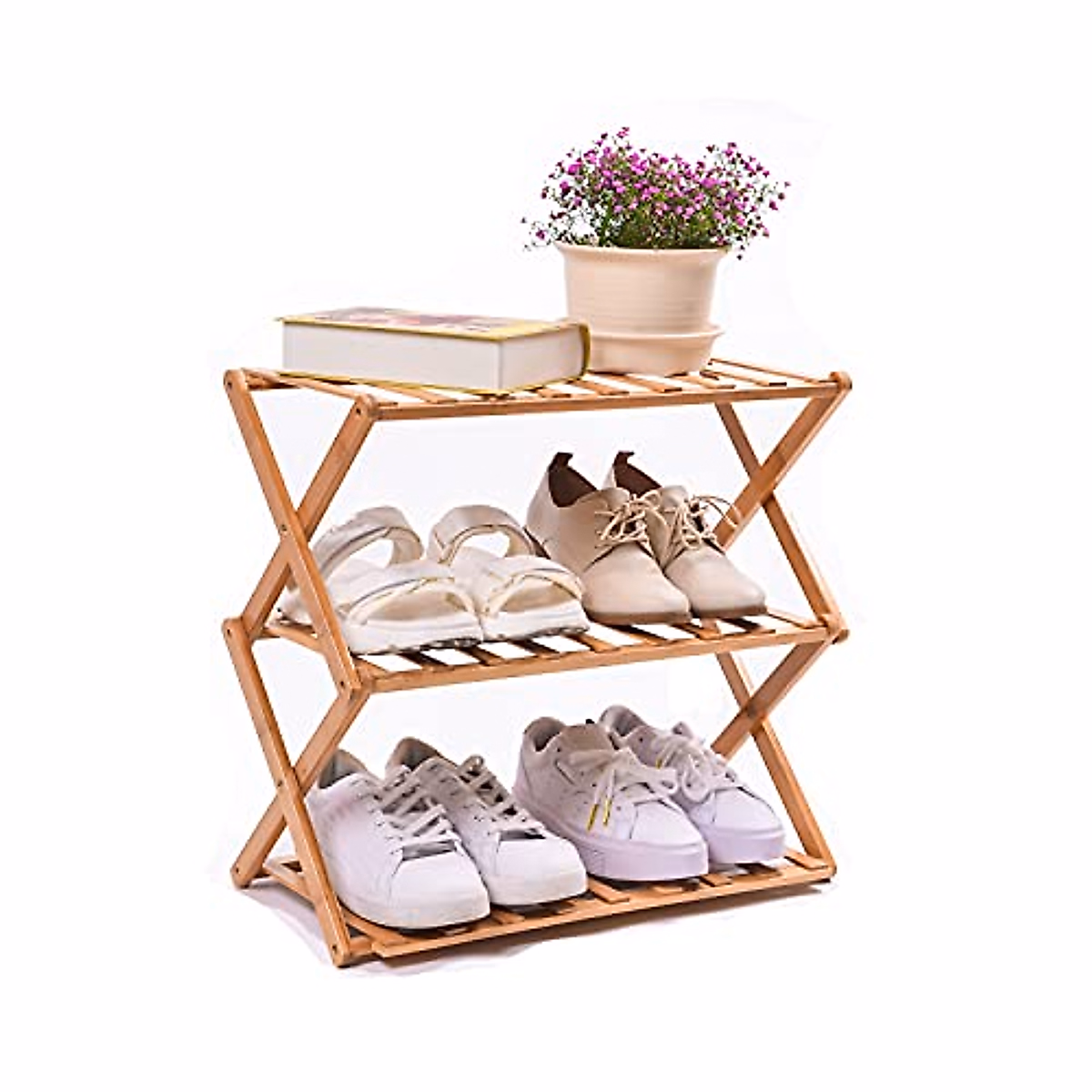 ZhiehiusL 3-Tier Bamboo Shoe Rack for Entryway, Stackable | Foldable, Shoe Storage Organizer for Bedroom Hallway Closet Living Room, Free Standing Shoe Racks for Indoor Outdoor (Natural Bamboo)