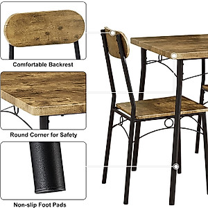 VECELO 3 Piece Dining Set, Metal and Wood Square Kitchen Breakfast Nook, Dinette, Table & Chair for 2, Brown