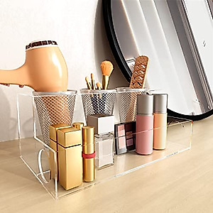 PecMuikee Hair Tool Organizer, Acrylic Hair Tool Caddy Countertop Blow Dryer Stand Storage with 3 Cups for Bathroom, Bedroom, Office, Clear