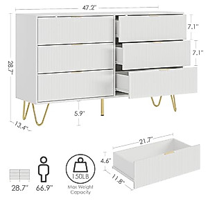 Aobafuir 6 Drawer Dresser, Drawer Chest, Tall Storage Dresser Chest Cabinet Organizer Unit with Metal Legs, Large Dresser for Bedroom, Living Room, Closet, Hallway White Stripe