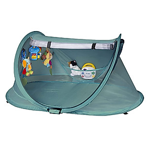 KidCo Peapod Prestige Lightweight Pop Up Portable Toddler Travel Bed with Toy Loops, Storage Pocket, and Carry Bag for Outdoors, Seafoam