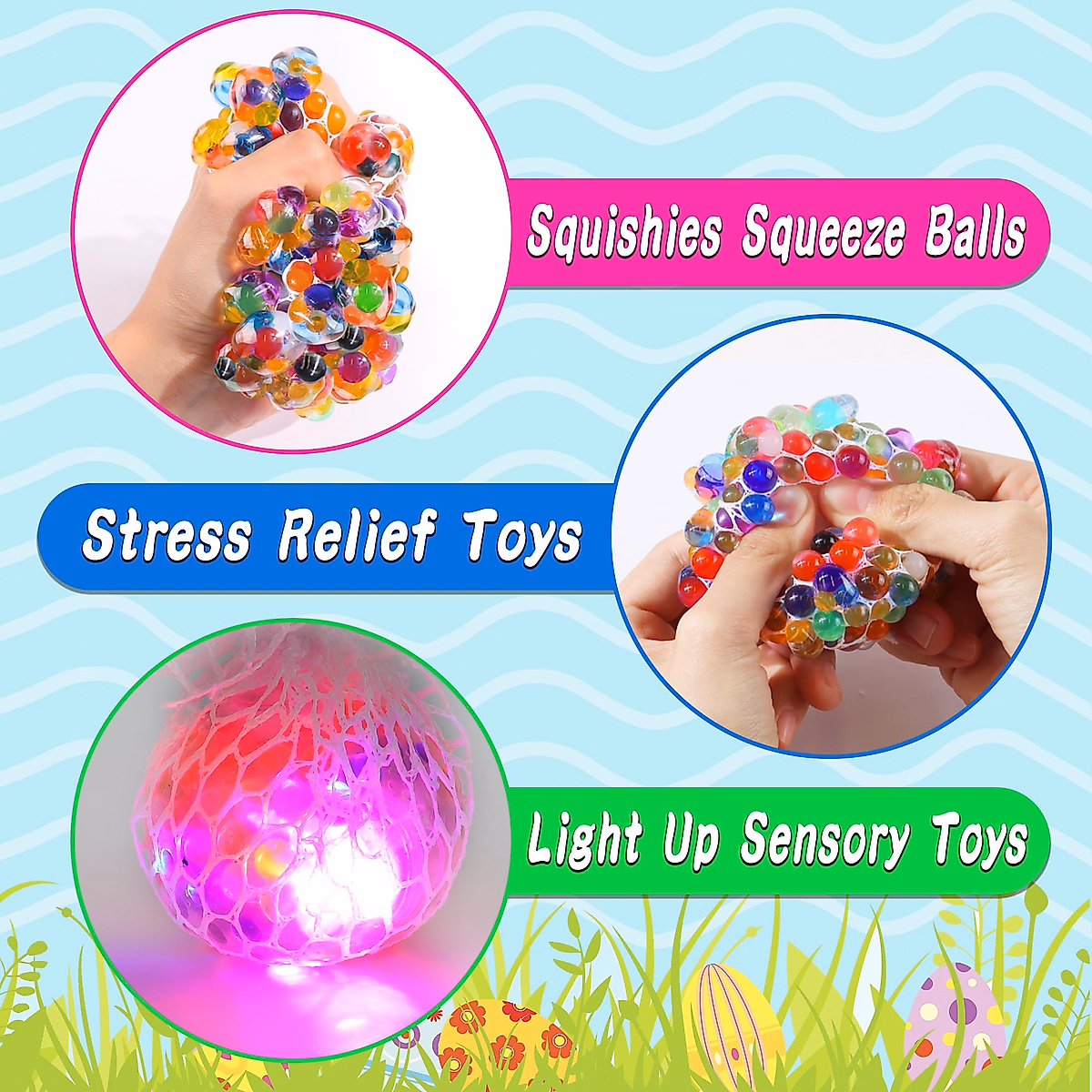 12 Pack Easter Eggs Filled with LED Stress Balls Fidget Toys, Easter Eggs Fillers Light Up Squishies Squeeze Ball Sensory Toys Easter Hunts Party Favors Easter Basket Stuffers for Kids Boys Girls