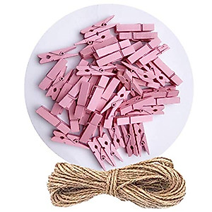DurReus Tiny Clothes Pins Colorful Hang Up Photographs Drawings Party Clips Decor Baby Shower Game with Twine Pack 50 Pink