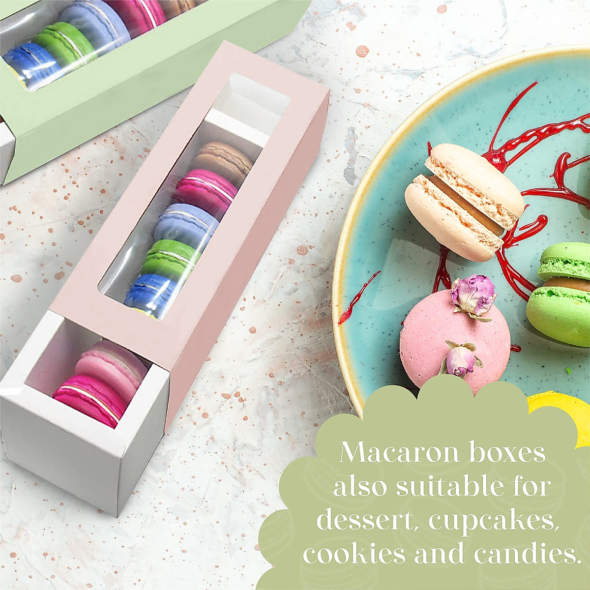 25 Pack of Maccaroon Boxes , Boxes for Macarons with Clear Window, Macaron Gift Box 6 , Light Pink and Light Green Macaroon Box for Cookie Giving Occaisions.