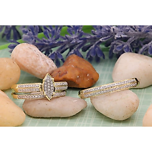 Dazzlingrock Collection 0.25 Carat Round White Diamond Marquise Trio Ring Set in 14K Yellow Gold, Women Size 5.5 and Men Size 12.5