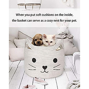 HiChen Large Woven Cotton Rope Storage Basket, Laundry Basket Organizer for Towels, Blanket, Toys, Clothes, Gifts | Pet Gift Basket for Cat, Dog - 15.7" L×11.8" H