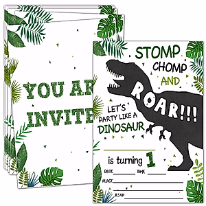 ukebobo 1st Birthday Party Invitations with Envelopes – Dinosaur Birthday Party Invitations, Dinosaur Party Decorations– 20 Cards with Envelopes（bwl-01）