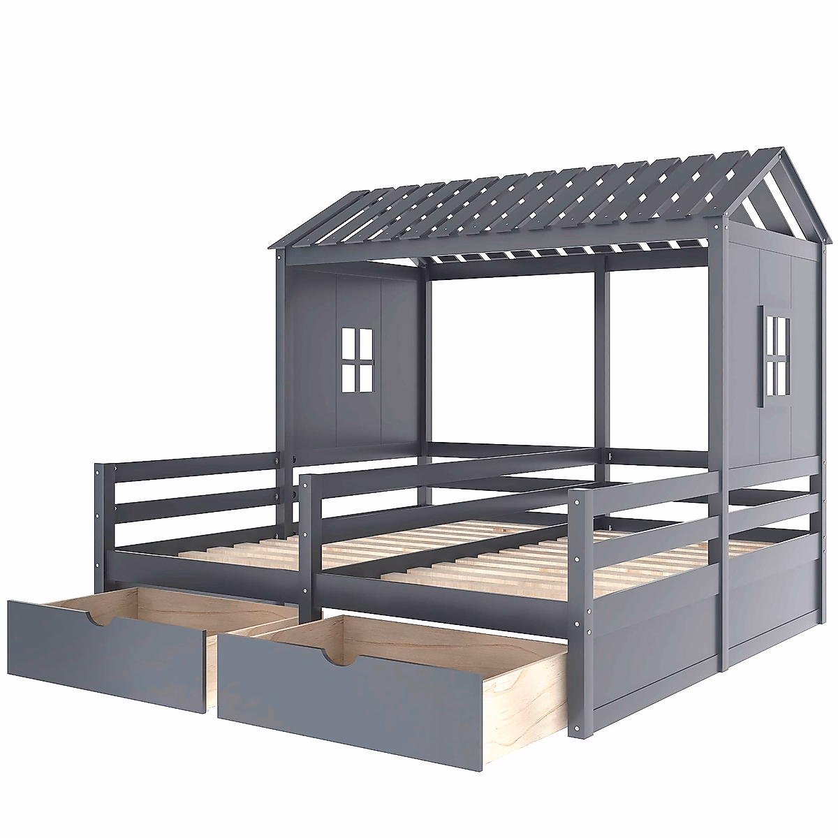 P PURLOVE Twin Double Shared Bed,Twin Size House Platform Beds with Two Drawers for Boy and Girl Shared Beds, Montessori House Bed Frame Combination of 2 Side by Side Twin Size Beds,Gray