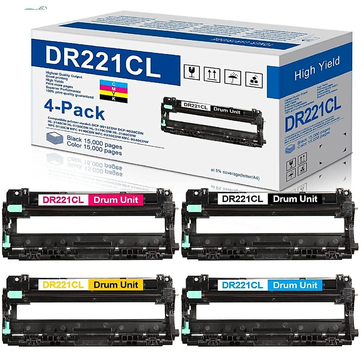 4-Pack(1BK+1C+1M+1Y) DR221CL Drum Unit Set Replacement for Brother DR221 DR-221CL DR 221 CL DR221CL Drum for Brother HL-3140CW HL-3170CDW HL-3180CDW MFC-9130CW MFC-9330CDW Printer