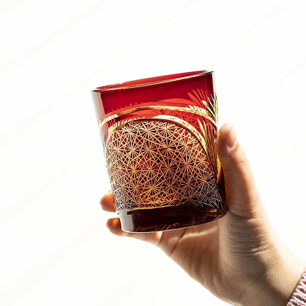 N/C JINZHI Japanese style Edo Kiriko Color Drinking Glass 9 OZ Amber Red Crystal Whisky Glass Scotch Glasses