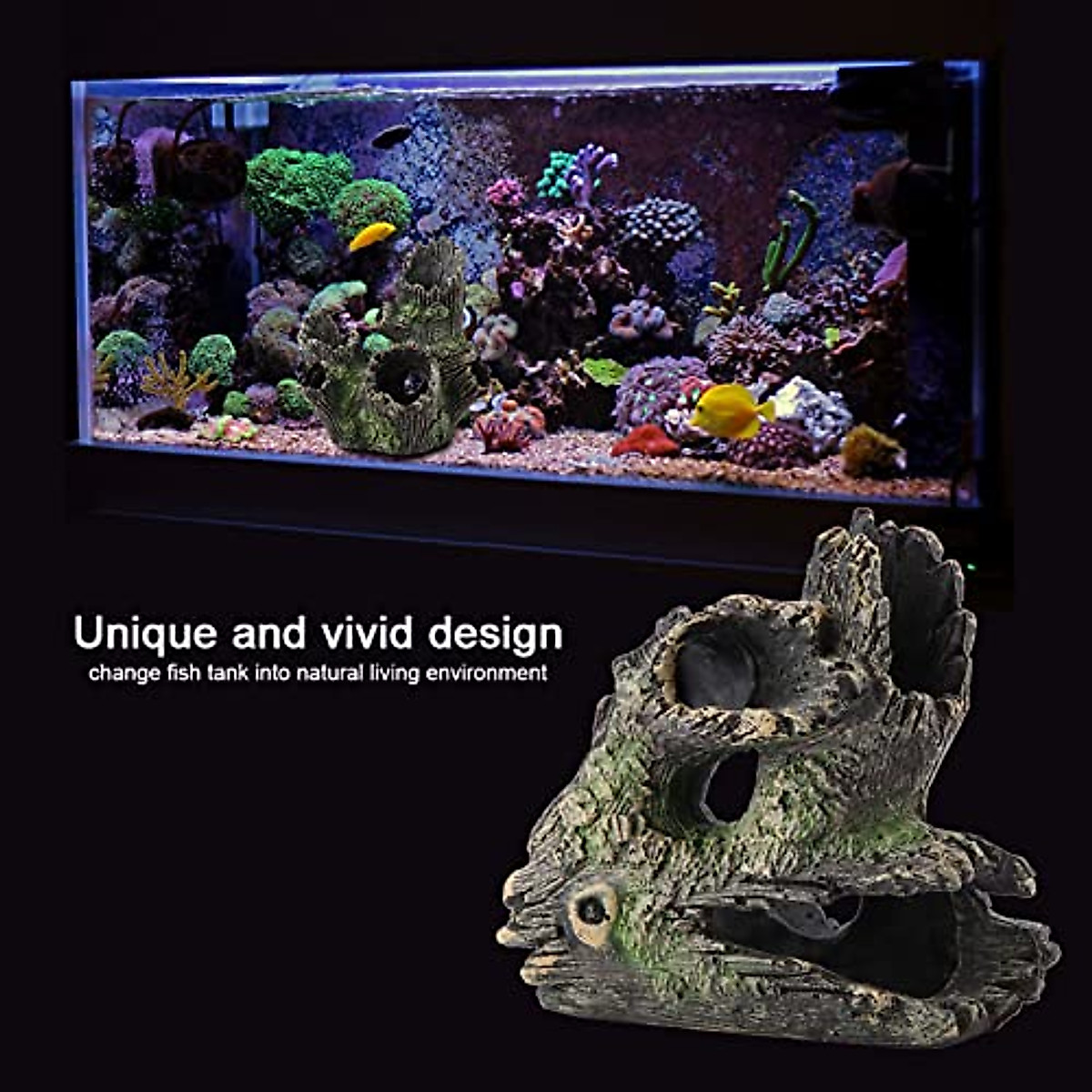 Tiiyee Aquarium Hollow Tree Trunk Ornament, Fish Decor with Moss Artificial Driftwood Polyresin Hideout Decoration Ornament for Fish Tank and Landscape Resin Log Hideaway(ST 004C)