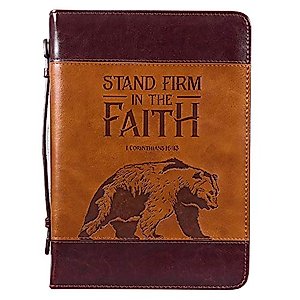Christian Art Gifts Men's Classic Bible Cover Stand Firm in Faith Bear 1 Corinthians 16:13, Brown Faux Leather, Large