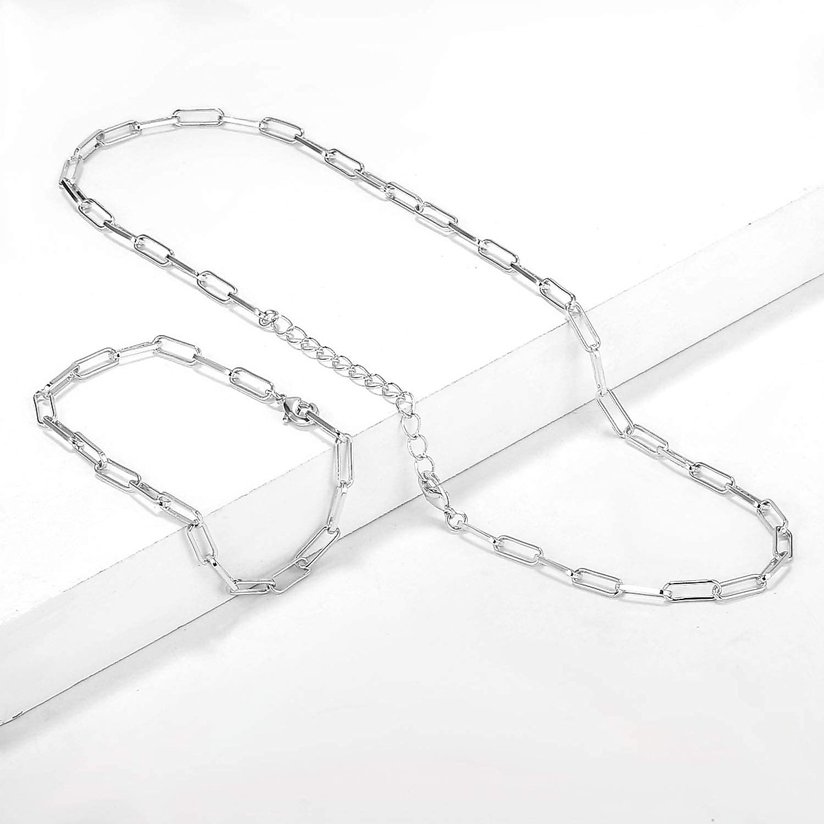 COZLANE Silver Paperclip Chain Necklace for Women Dainty Oval Link Chain Choker Necklace and Bracelet Set for Women Girls