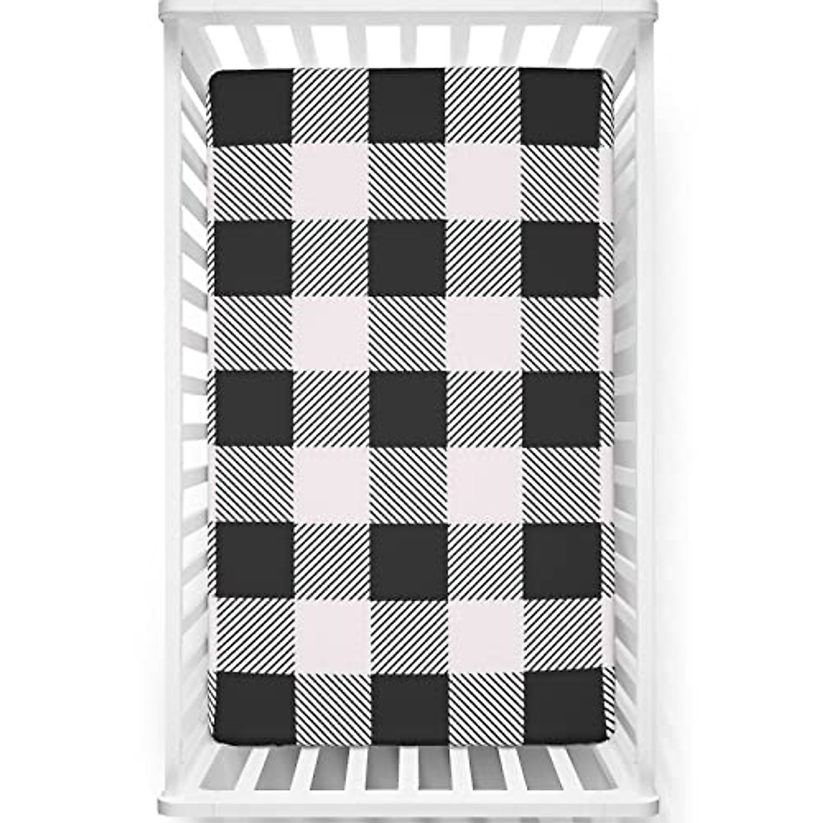 Plaid Themed Fitted Mini Crib Sheets,Portable Mini Crib Sheets Ultra Soft Material-Great for Boy or Girl Room or Nursery,24“ x38“,Pale Grey and Black