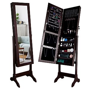Uten Lockable Jewelry Armoire Large Jewelry Cabinet with Standing Mirror Jewelry Holder Organizer Storage, 4 Angle Adjustable(Brown)