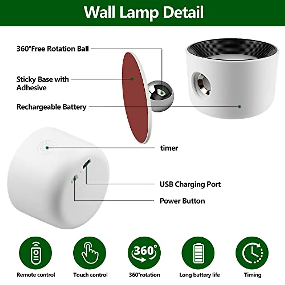 Amouhom LED Wall Sconce with Remote Touch Control Wall Mounted Night Light 5 Brightness Levels &7 Colors with 2500 mAh Battery 360° Rotating Bedside Lamp for Bedroom Living Room (White)